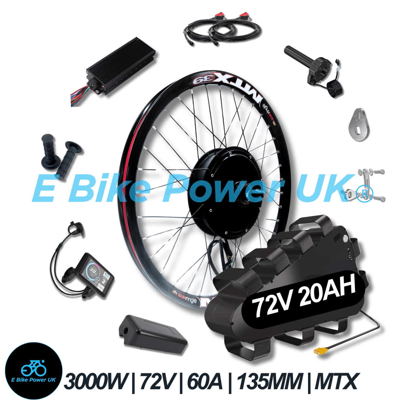 3000W E Bike Conversion Kit 60 Amp, 72V, Rear Wheel Single Speed 135mm ...